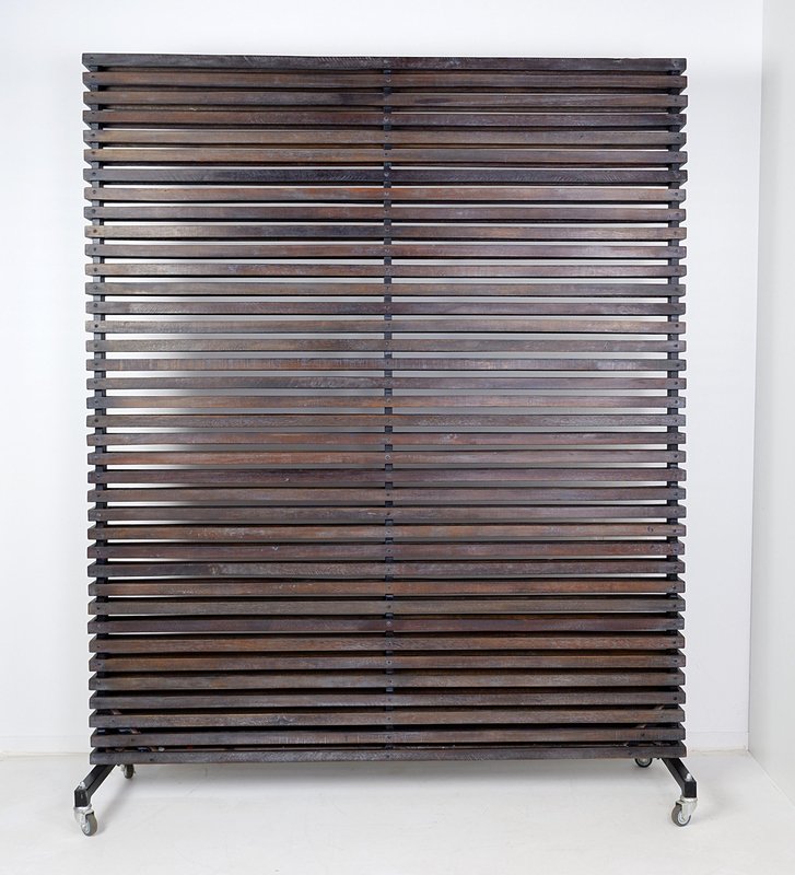 Slatted Wood Panel Room Divider with 10 Mobile Hooks for sale at Pamono