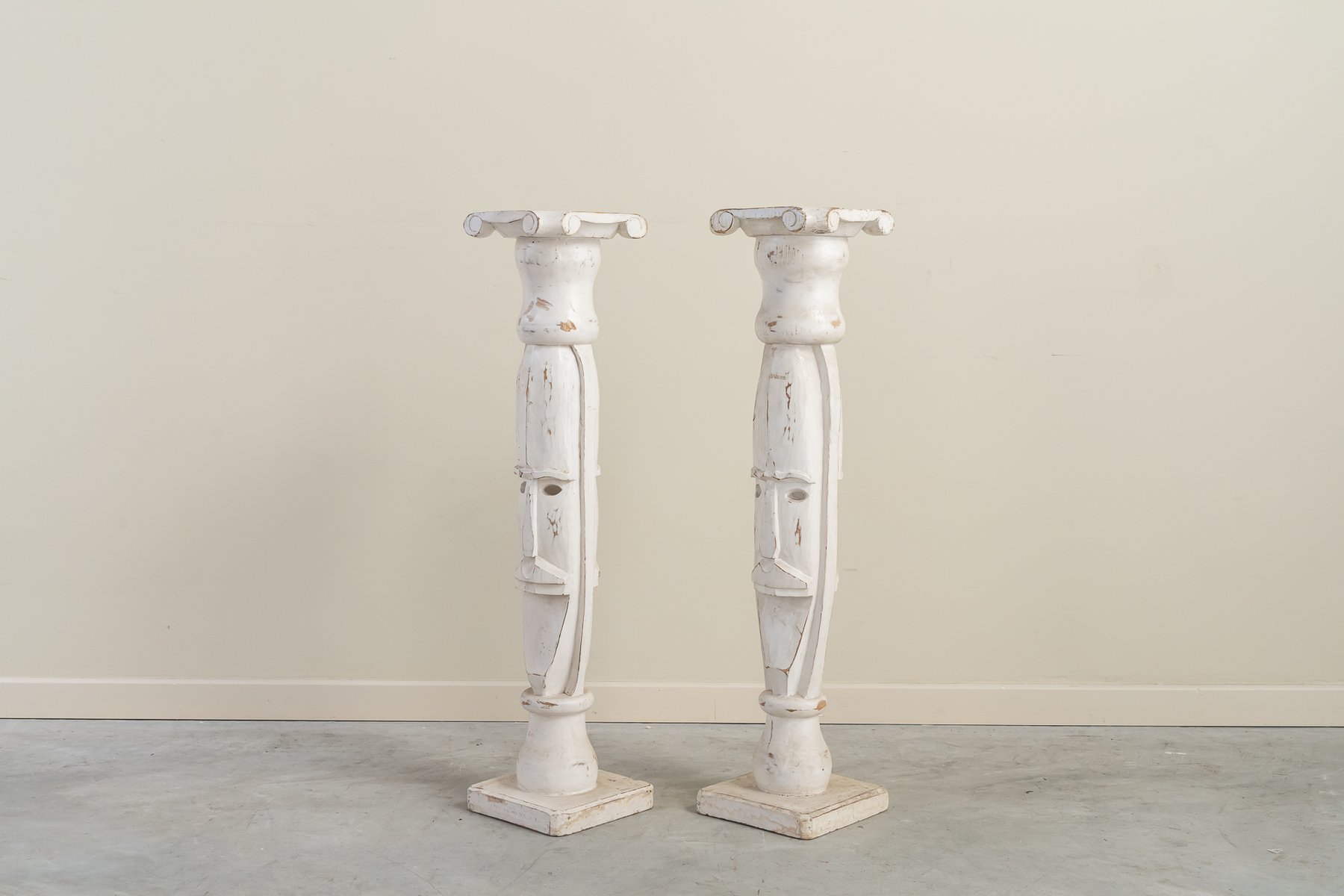 Anthropomorphic Brutalist Columns or Supports in White Patinated Wood ...