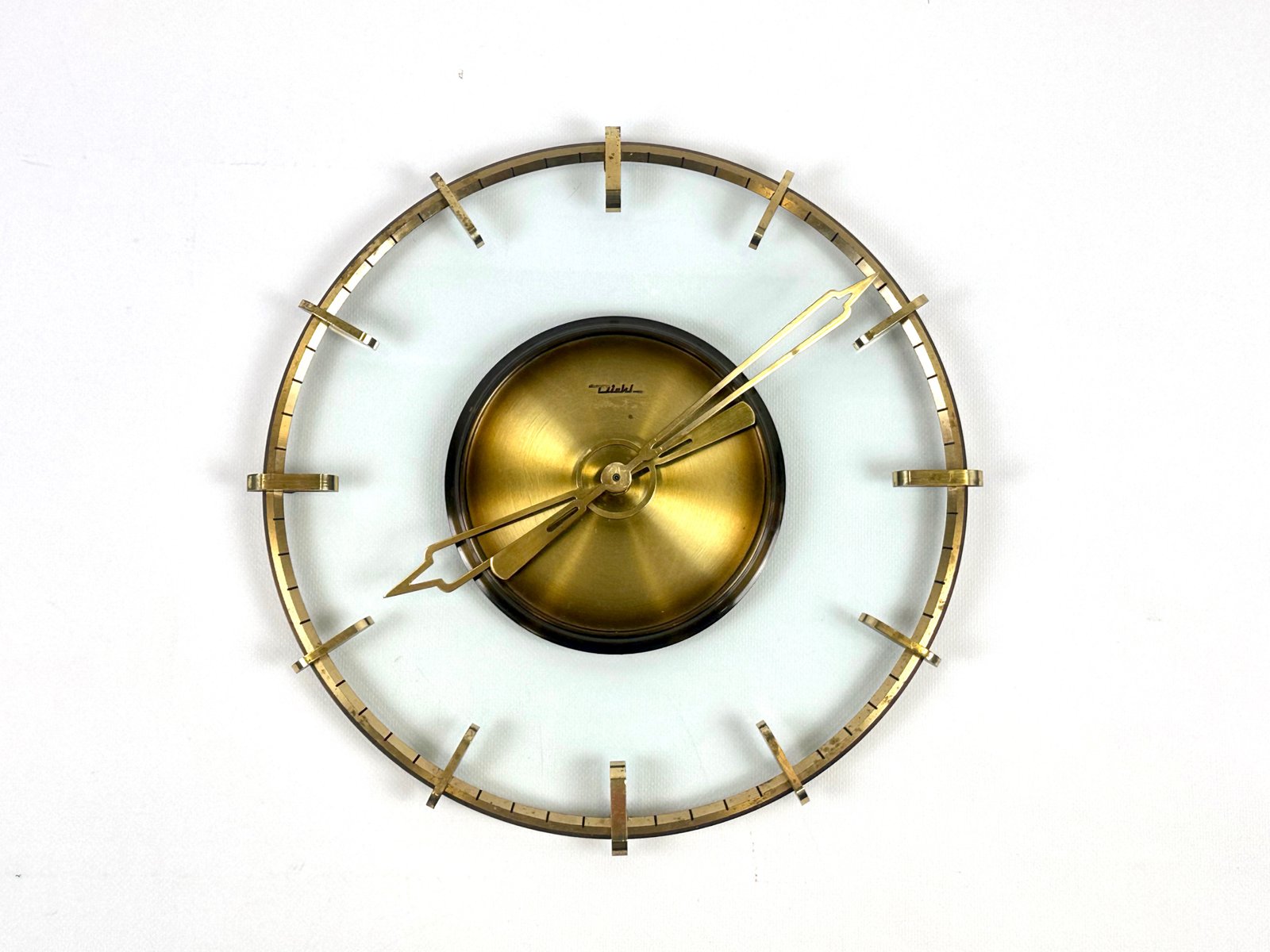 Vintage Glass & Brass Wall Clock from Diehl, 1950s for sale at Pamono