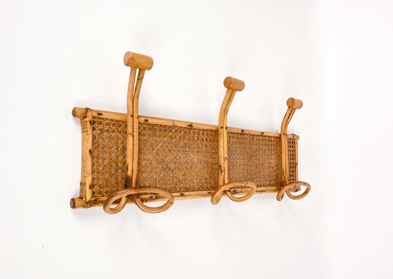 Vintage French Riviera Rattan and Bamboo Canes Wicker Coat Rack, 1960s ...
