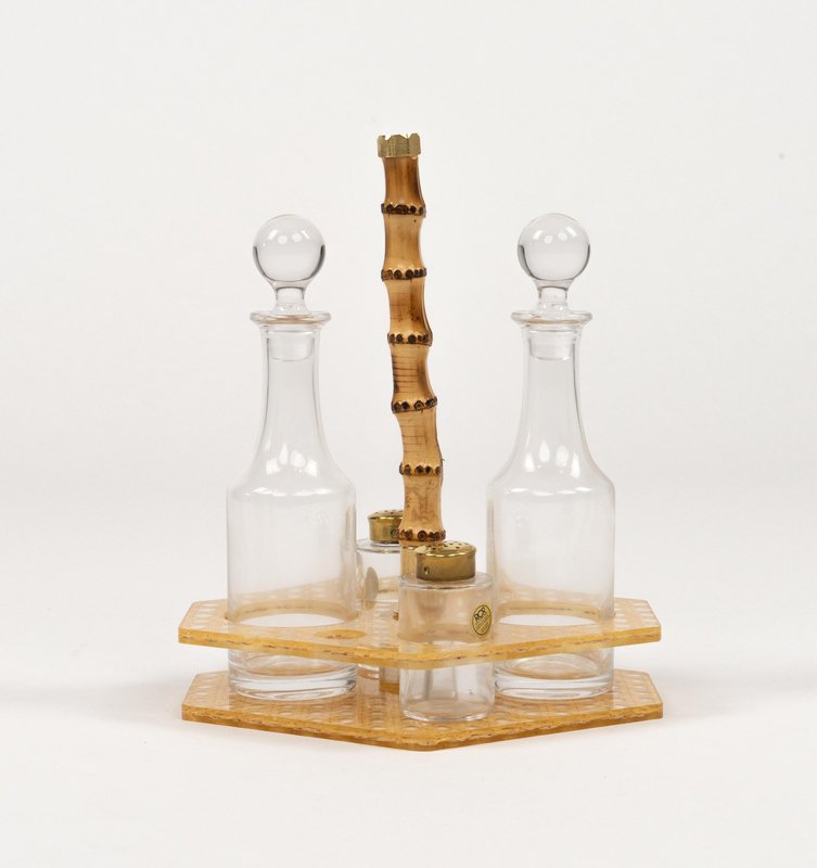Condiment Set in Acrylic Glass, Wicker and Brass in the style of ...