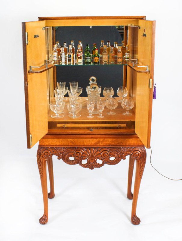 Antique Cocktail Cabinet Drinks Dry Bar in Burr Walnut and Glassware ...