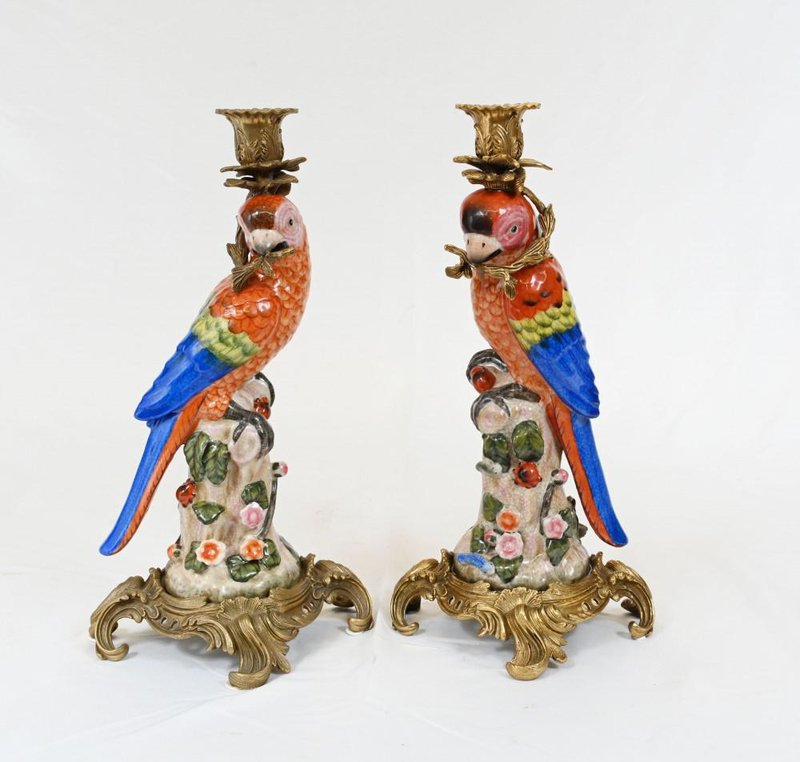 French Porcelain Parrot Candlesticks, Set of 2 for sale at Pamono