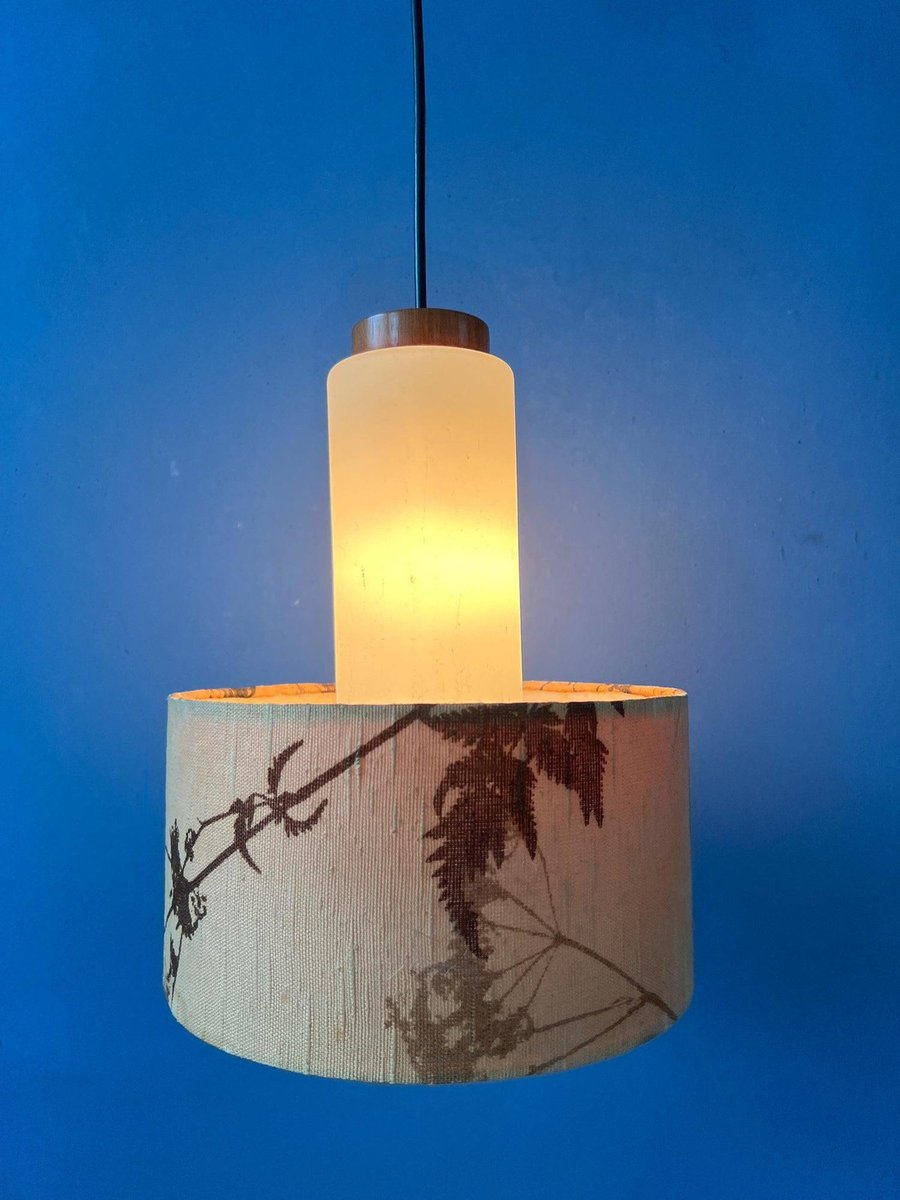 Mid-Century Opaline Glass Pendant Lamp with Beige Fabric Jungle Shade ...