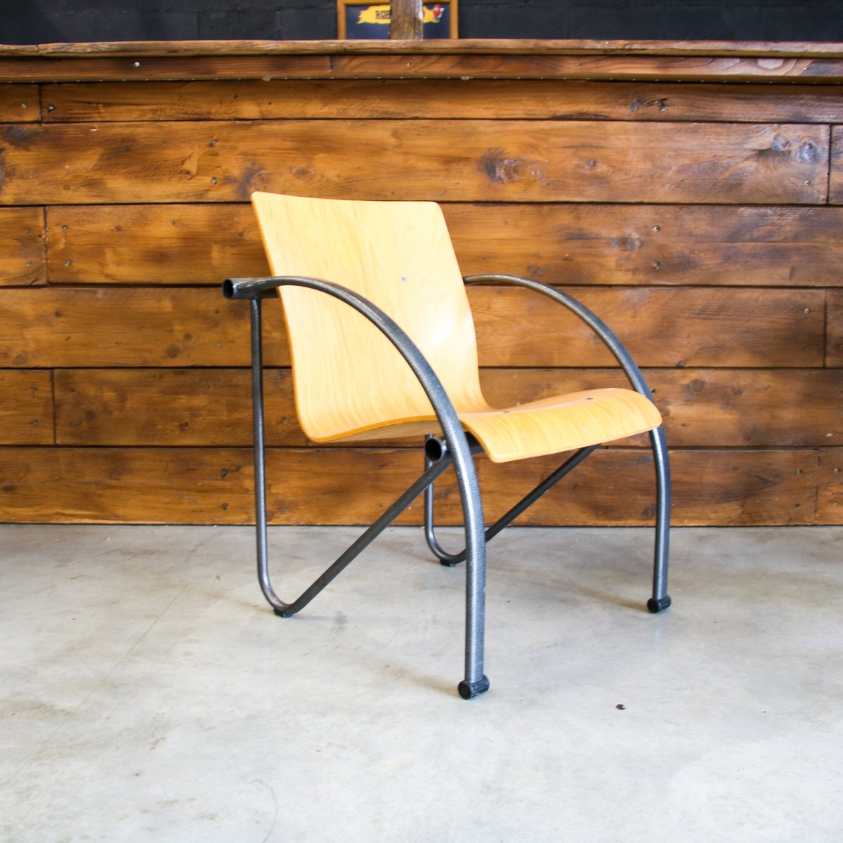 Vintage Armchair in Metal and Wood, 1980s for sale at Pamono