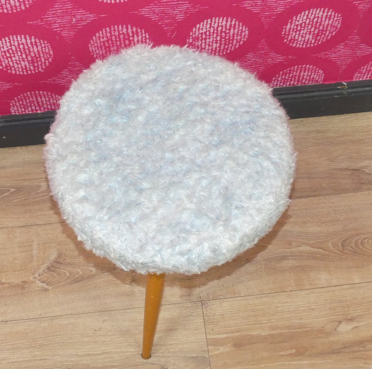 Wood Stool with Filigree Legs & Pastel Blue Fluff Cover for sale at Pamono