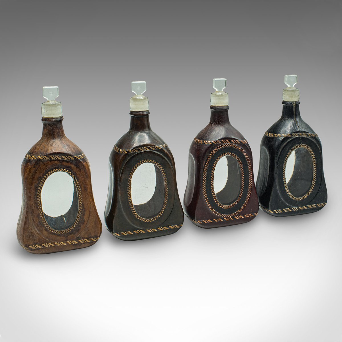 English Leather & Glass Spirit Bottles, 1890s, Set of 4 for sale at Pamono