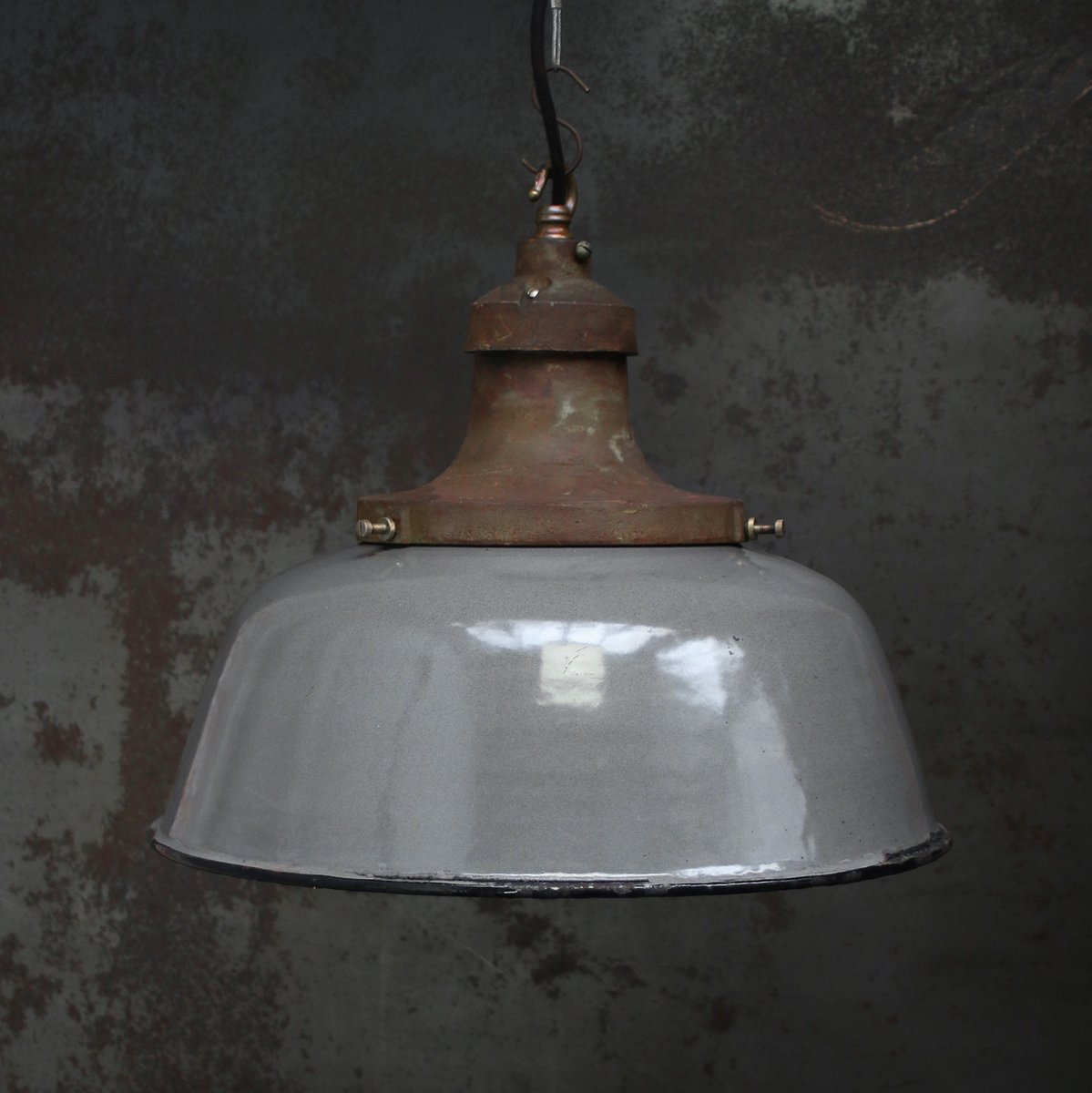 Grey Brown Enamel Garage Workshop Light with Cast Iron Top and White ...