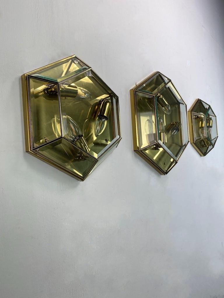 Vintage Hexagonal Facet Cut Glass and Brass Wall or Ceiling Lamps, 1960 ...