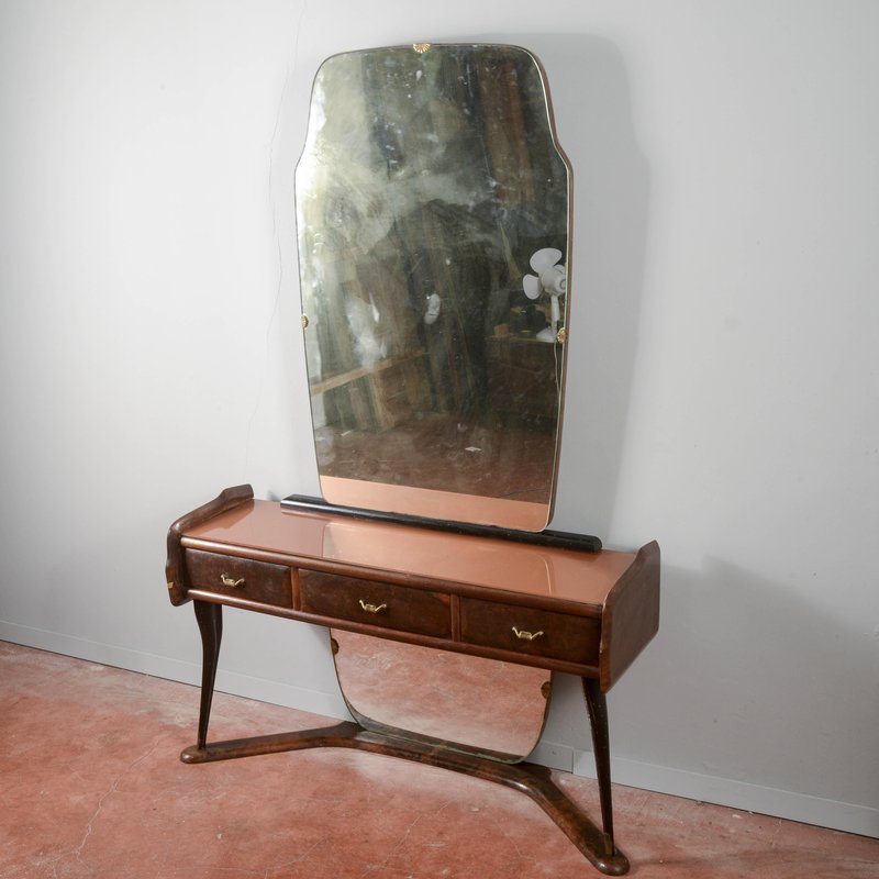 Italian Dressing Table with Wooden Mirror, 1960s for sale at Pamono