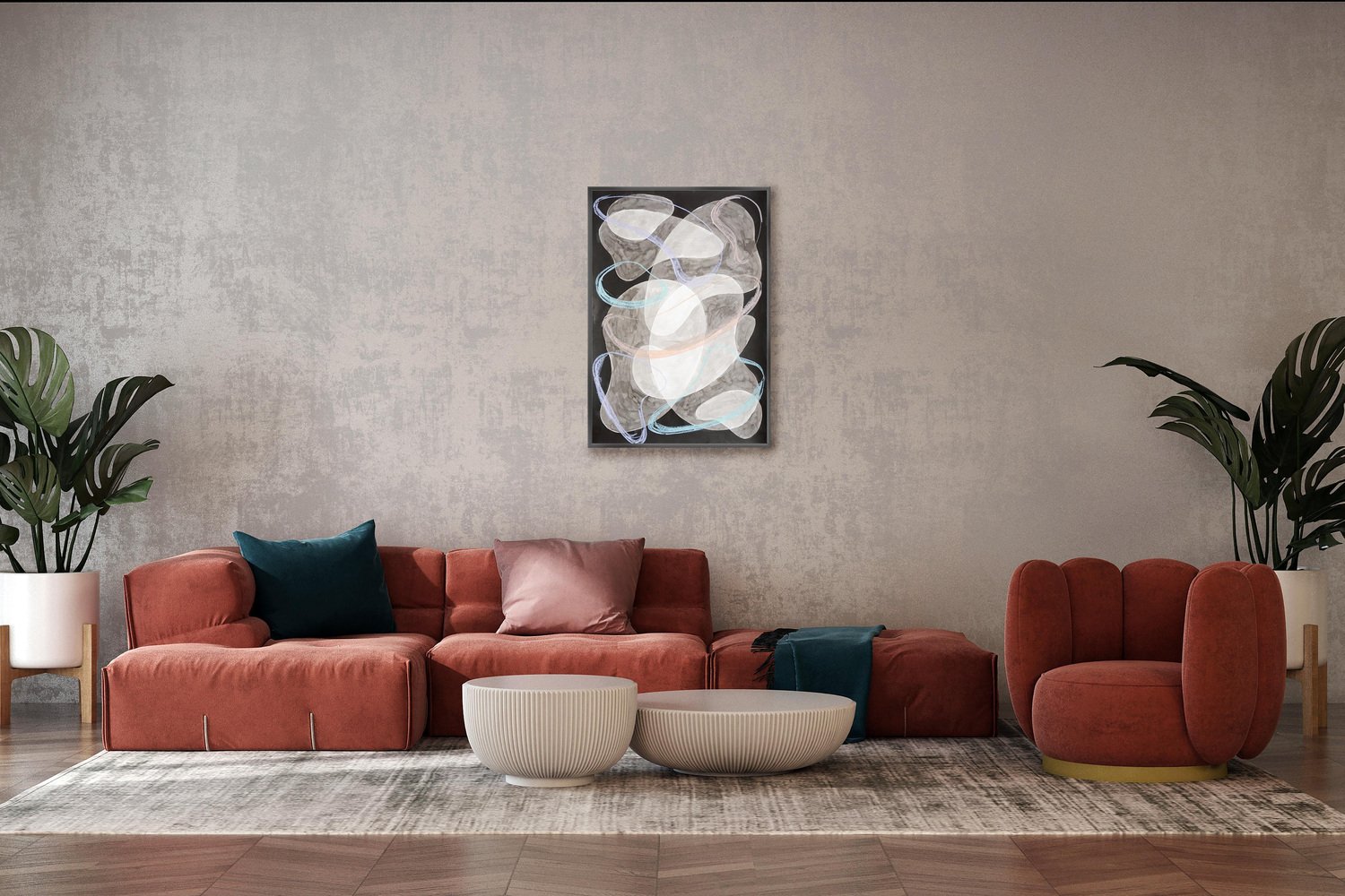 Ryan Rivadeneyra, Abstract Floating Overlapping Shapes, 2024, Acryl auf Papier bei Pamono kaufen