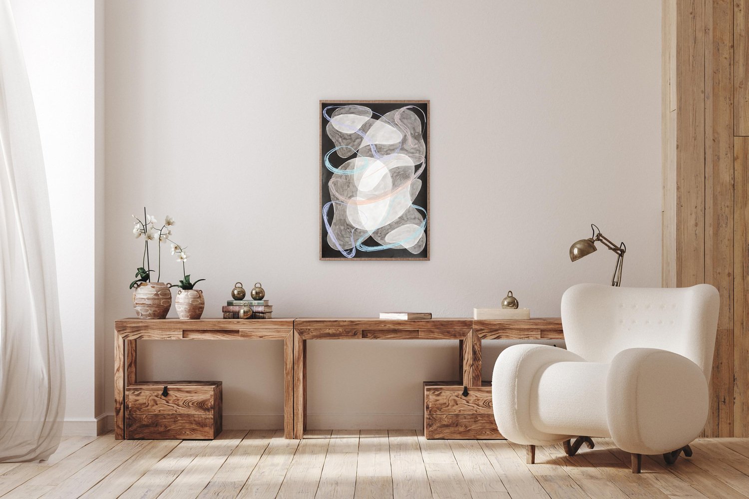 Ryan Rivadeneyra, Abstract Floating Overlapping Shapes, 2024, Acrylic on Paper for sale at Pamono