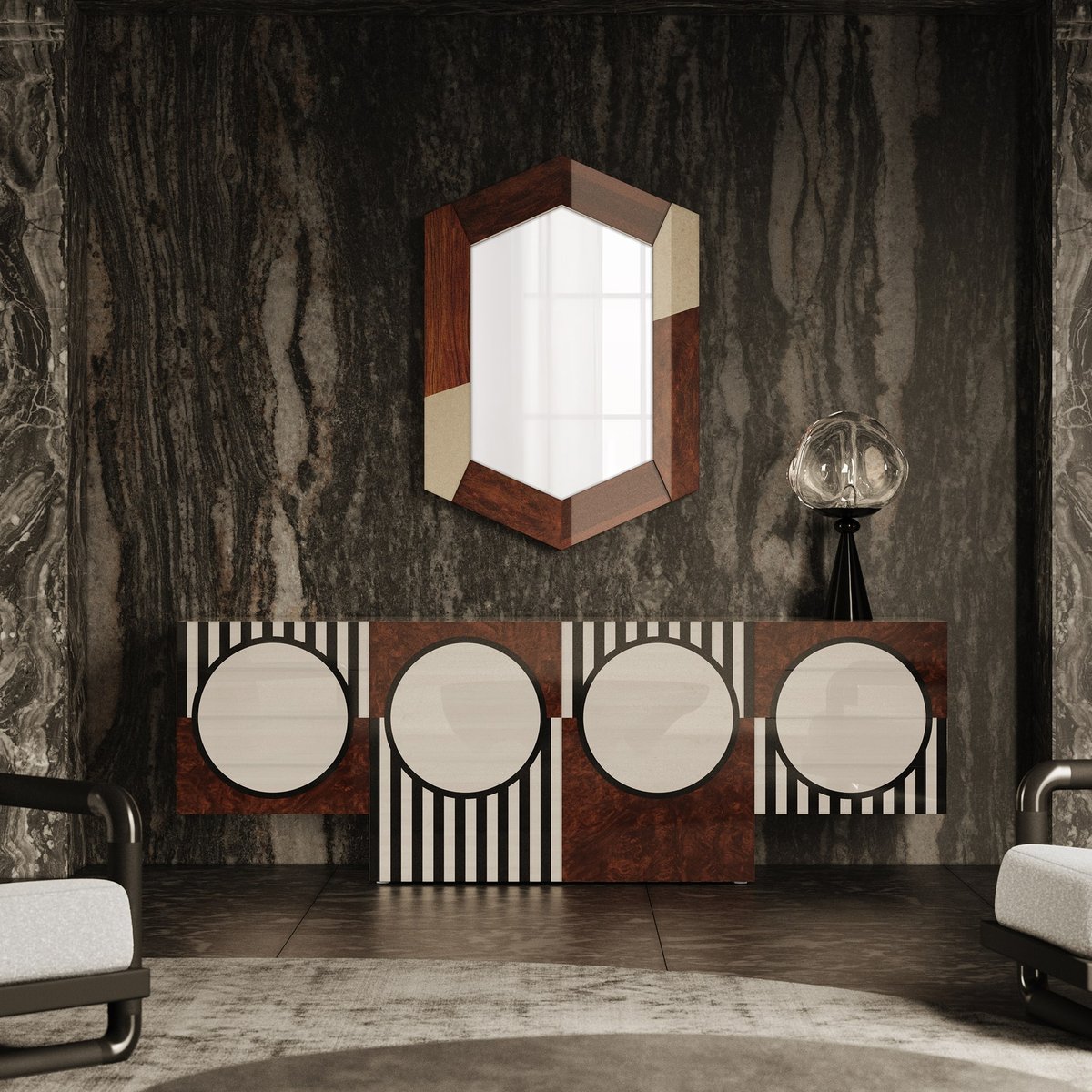 Mid-Century Modern Wood Hex Mirror by Hommés Studio for sale at Pamono