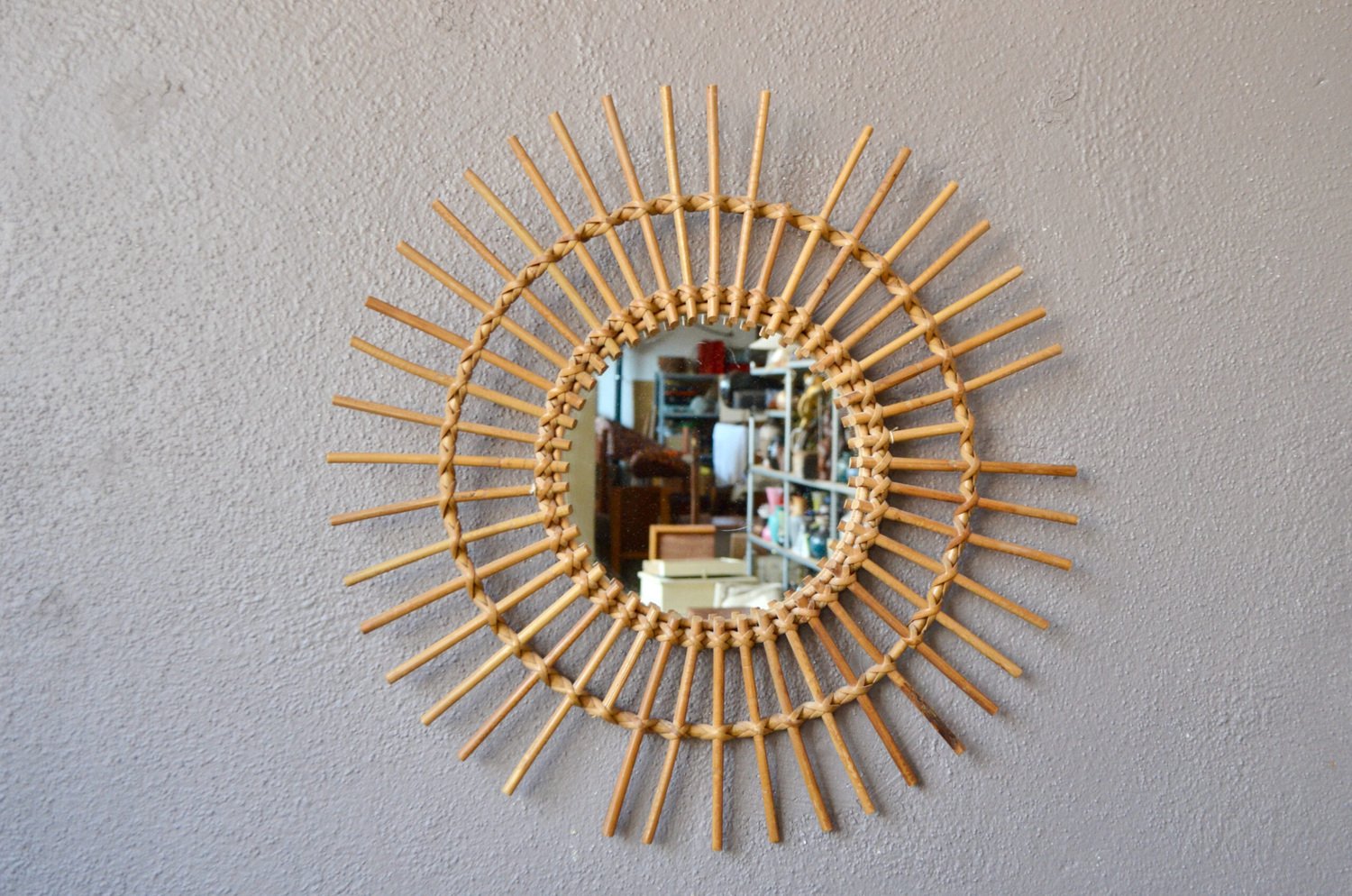 Large Rattan Sunburst Mirror, 1960s for sale at Pamono