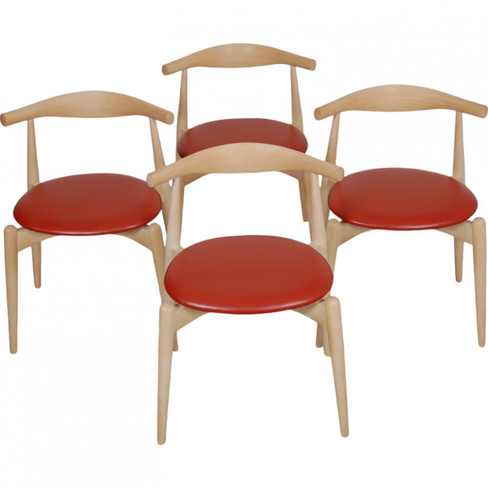 CH-20 Chairs in Beech and Red Leather by Hans Wegner, Set of 4 for sale ...