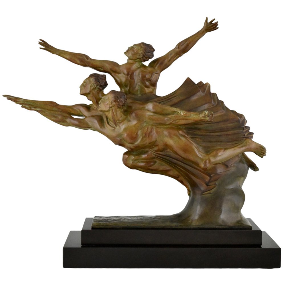 Robert Delandre, Art Deco Bronze Sculpture of 3 Athletes: Allegory of ...