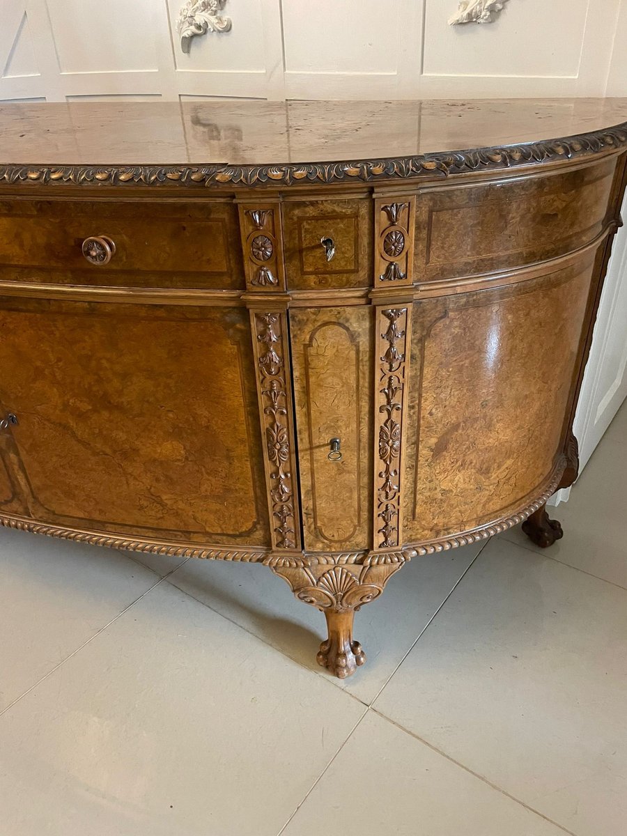Large Carved Burr Walnut Bow Fronted Sideboard, 1920s for sale at Pamono