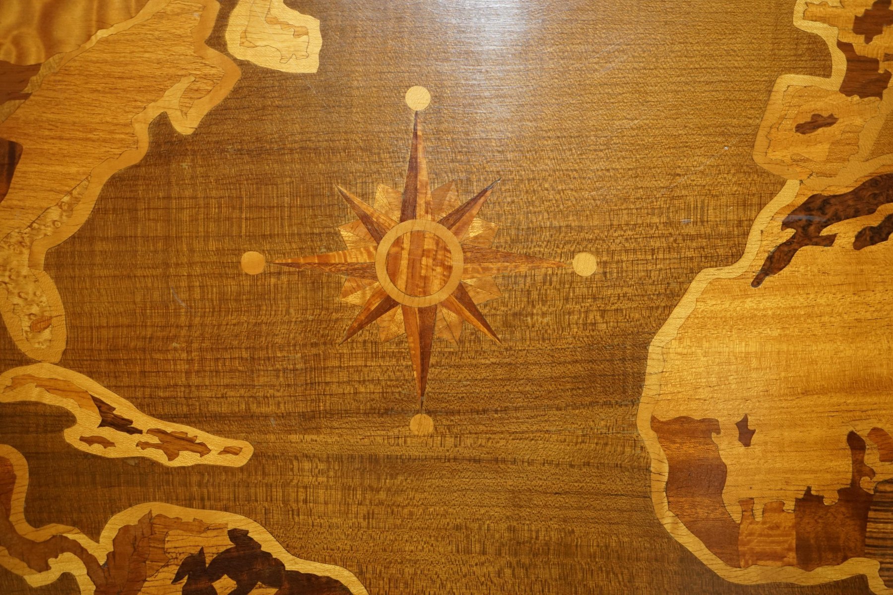 Large World Globe Map in Hand Carved and Inlaid Wood for sale at Pamono