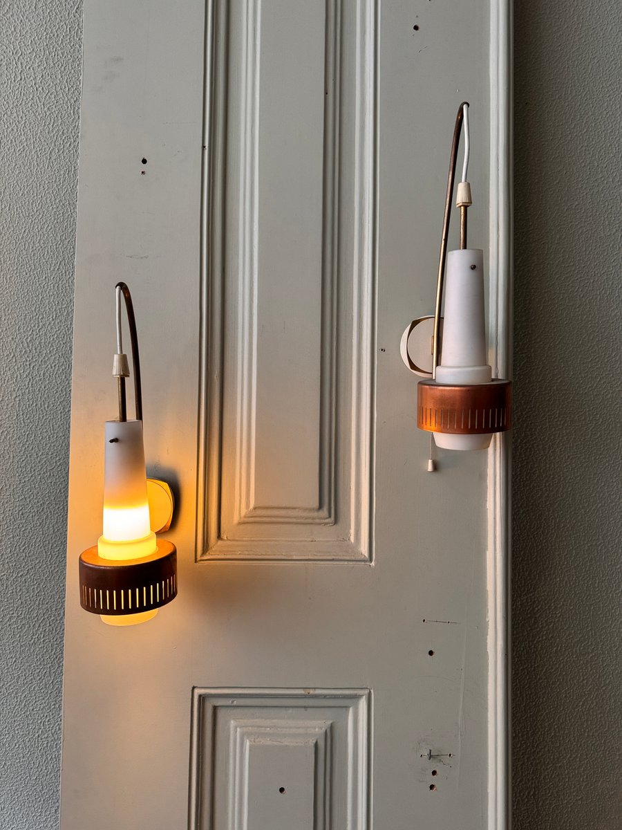 Mid-Century Modern Scandinavian Sconces in Brass and Opaline Glass ...