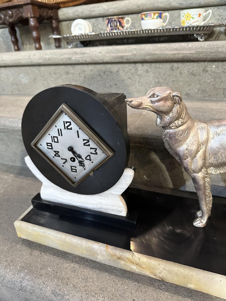 Art Deco Clock in Black and White Marble with Metal Greyhound and ...