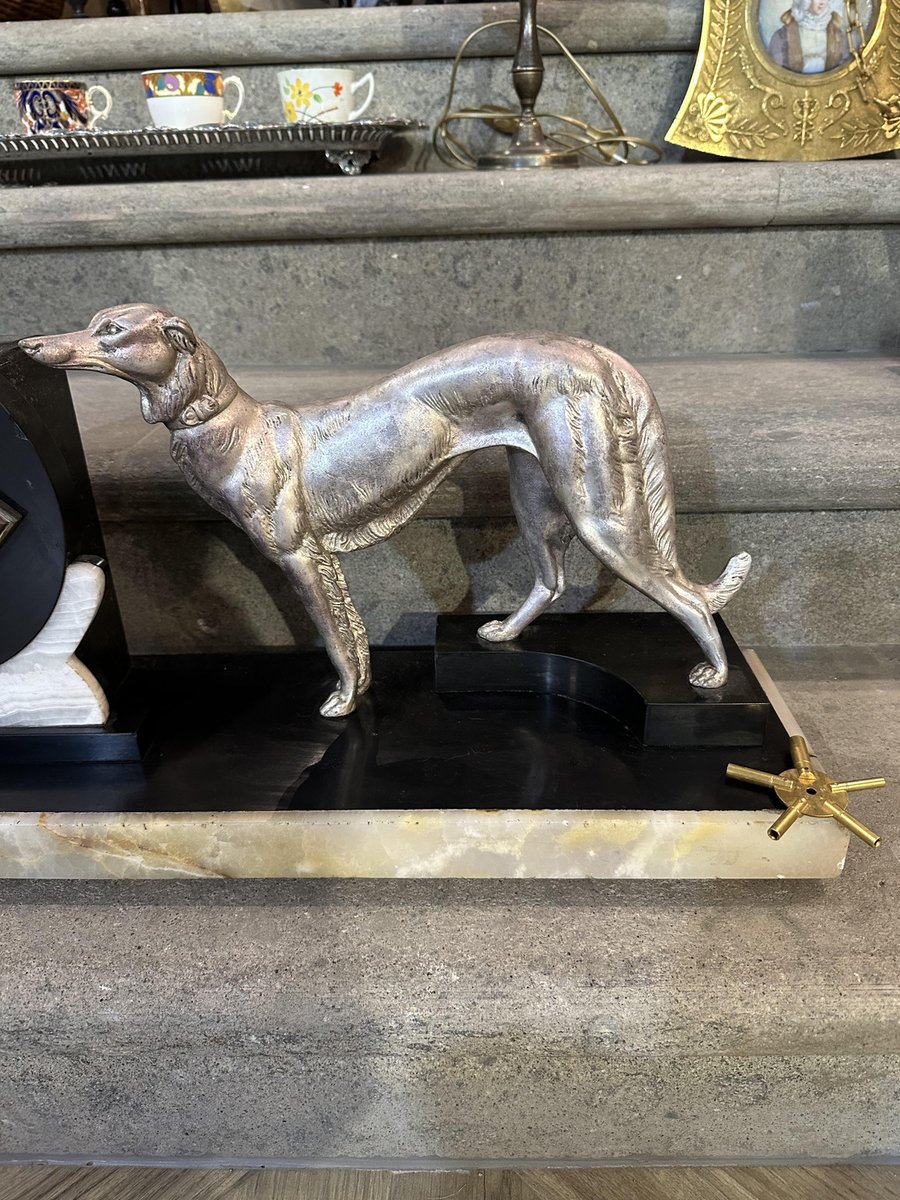 Art Deco Clock in Black and White Marble with Metal Greyhound and ...