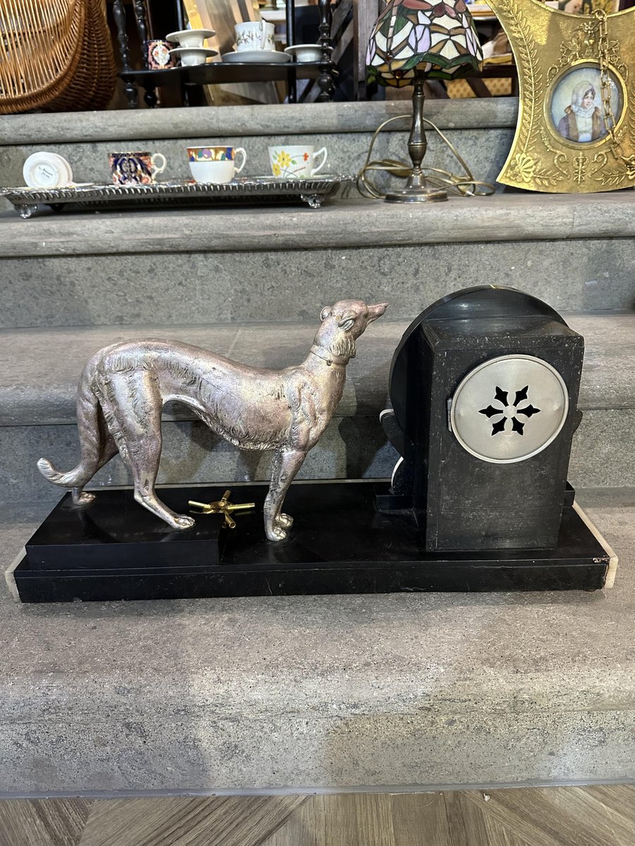 Art Deco Clock in Black and White Marble with Metal Greyhound and ...
