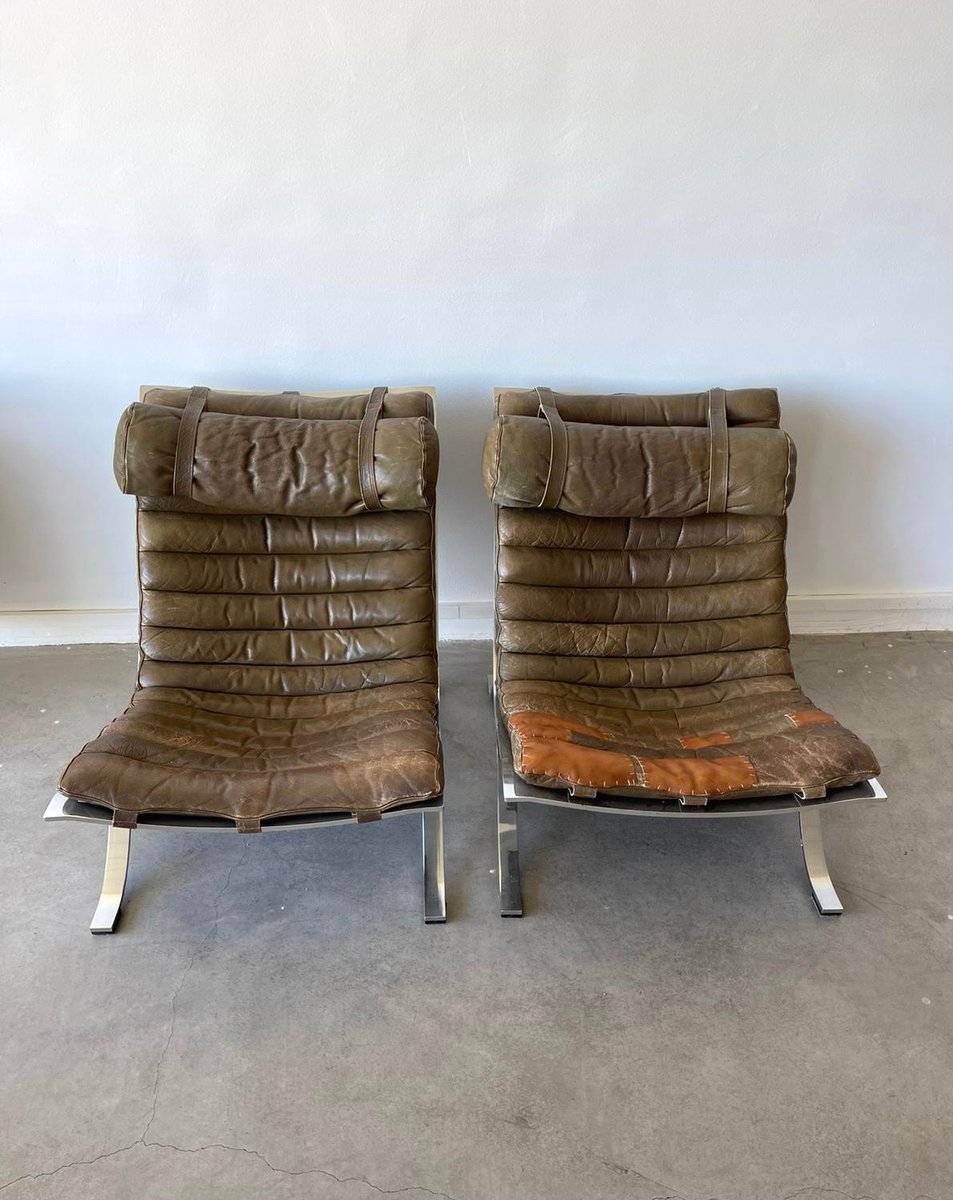 Set of Brown Leather and Steel Ari Lounge Chairs by Arne Norell for ...