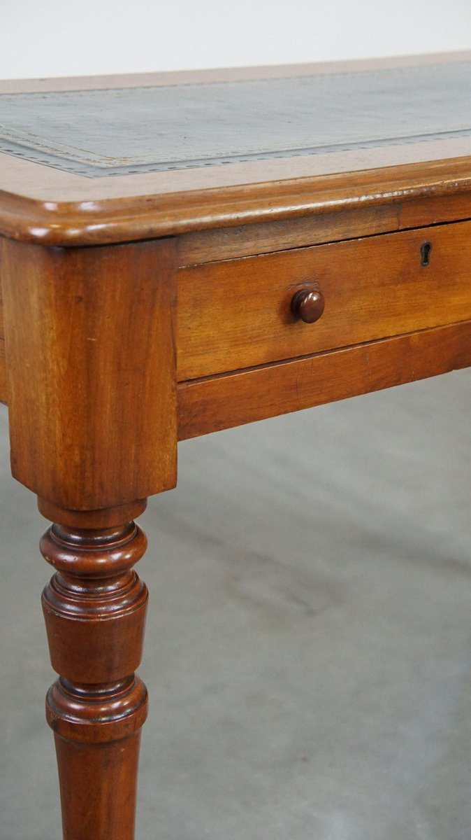 Antique English Writing Table with Green Leather Top for sale at Pamono