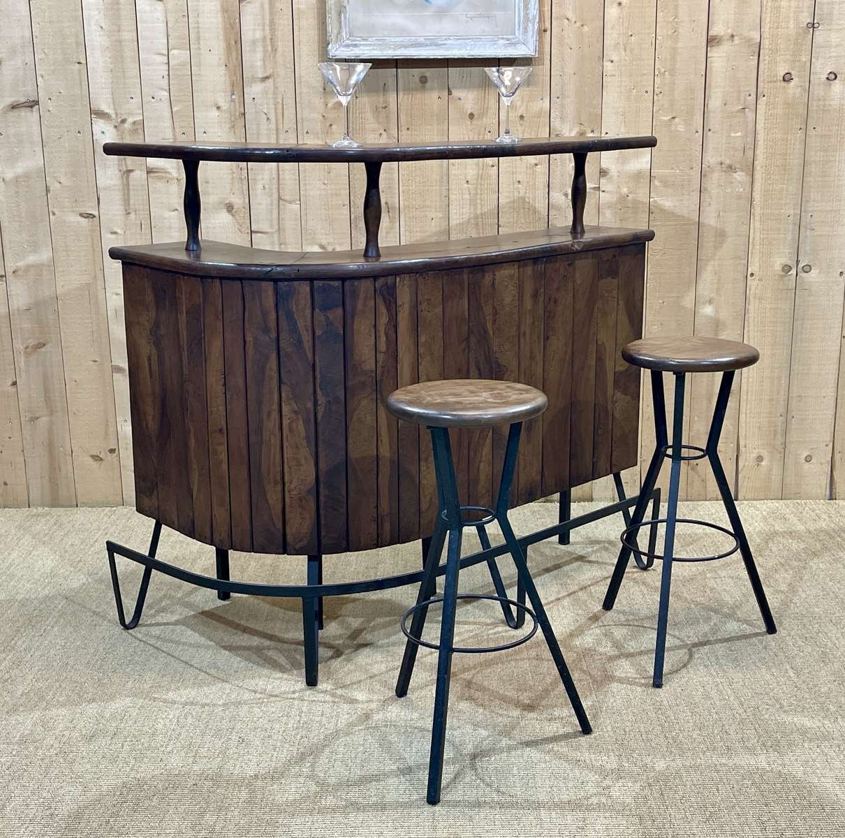 Cocktail Bar with Stools in Mahogany and Welded Iron, 1960s, Set of 3 ...