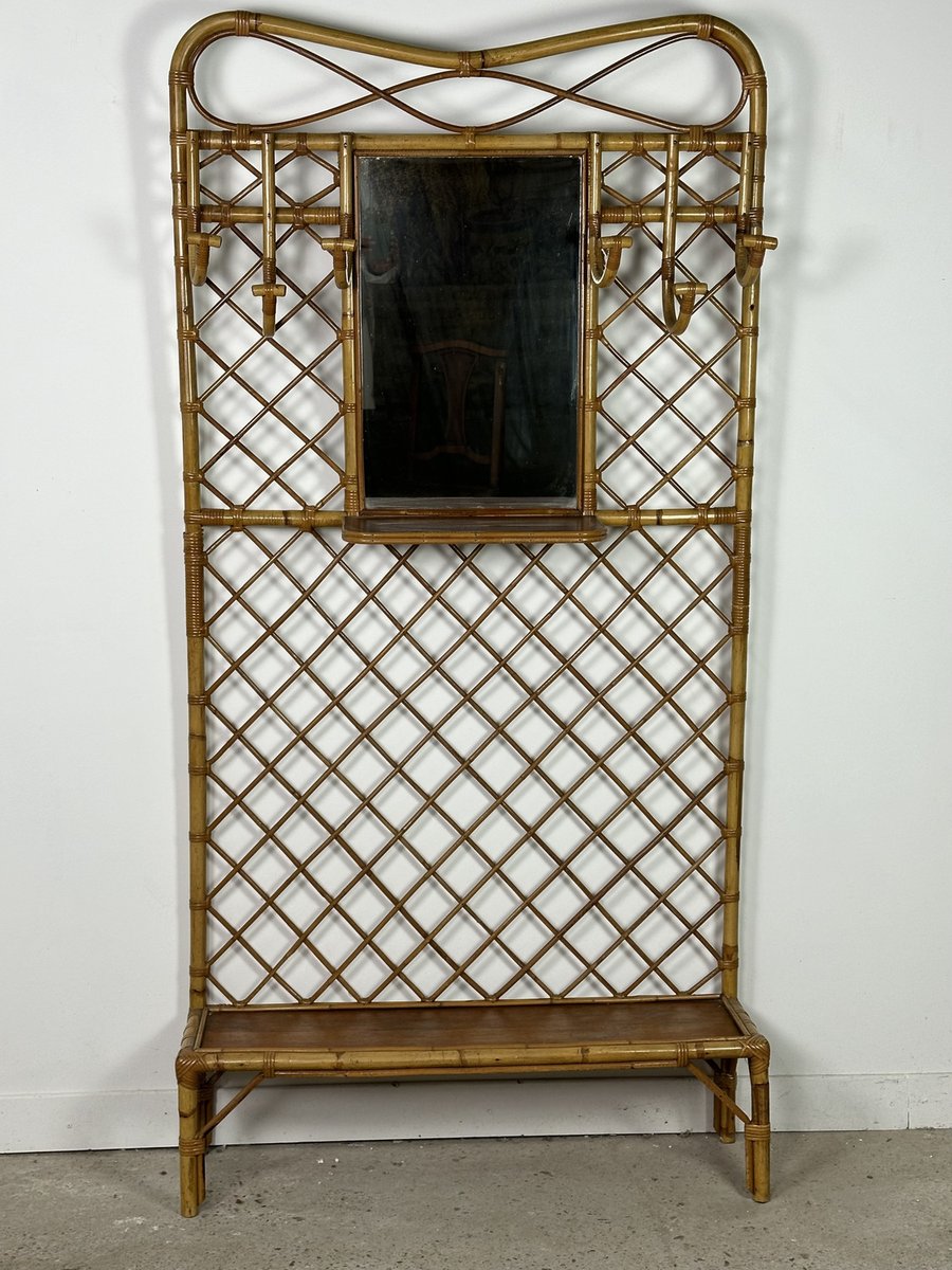 Vintage Rattan Locker Room Coat Rack, 1960s for sale at Pamono