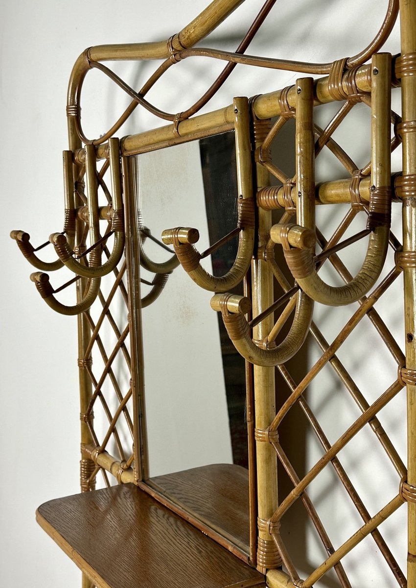 Vintage Rattan Locker Room Coat Rack, 1960s for sale at Pamono