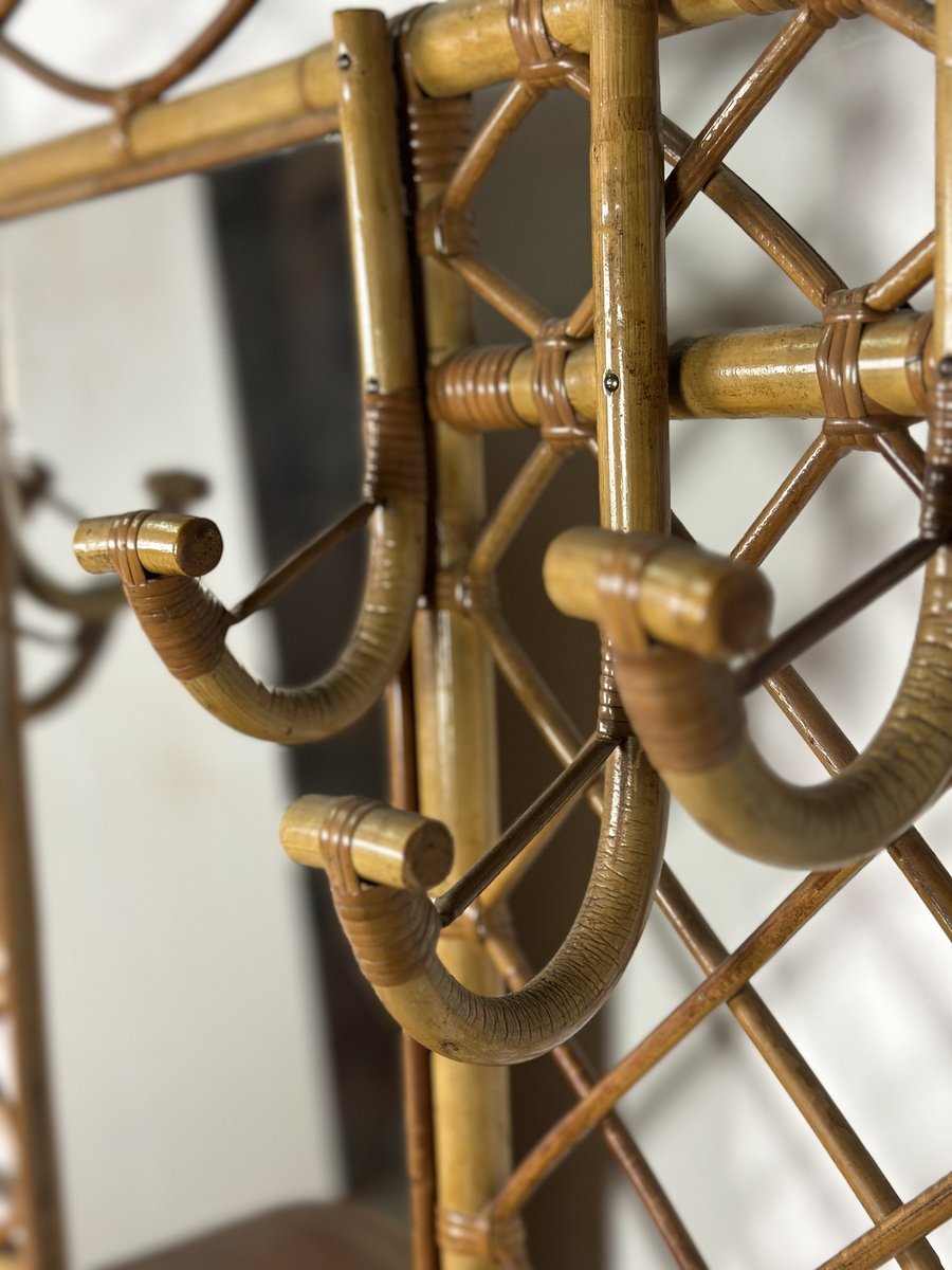 Vintage Rattan Locker Room Coat Rack, 1960s for sale at Pamono