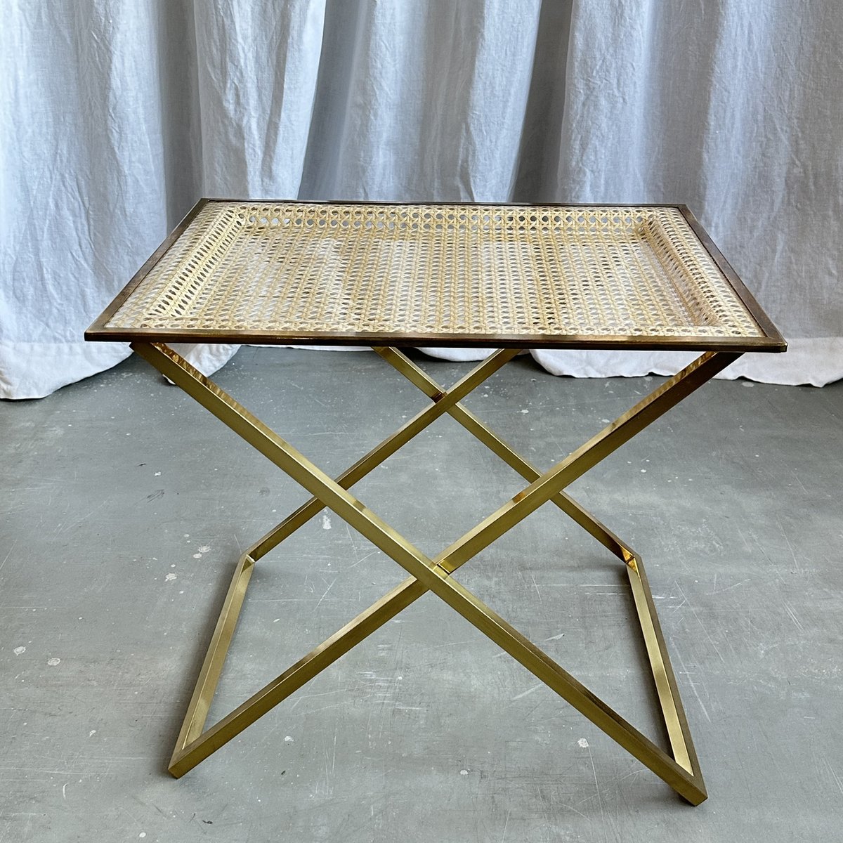 Mid-Century Brass Side Table with Vienna Straw Rattan and Acrylic Glass ...