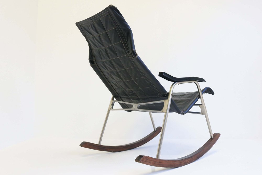 Mid-Century Modern Black Leather Rocking Chair by Takeshi Nii, 1960s ...