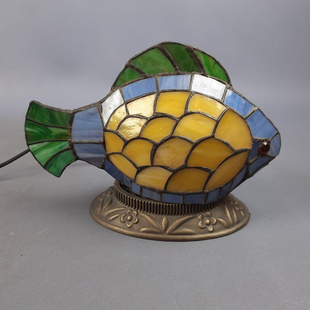 Multicolored Leaded Glass Fish Table Lamp with Brass Base, 1970s for ...