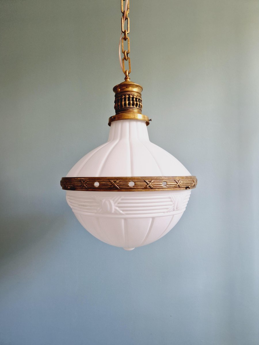 Large Art Deco Pendant Light in Milky White Glass and Openwork Brass ...