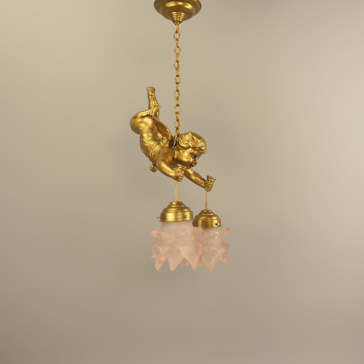 Gilded Metal Angel Figure Ceiling Light, 1910s for sale at Pamono