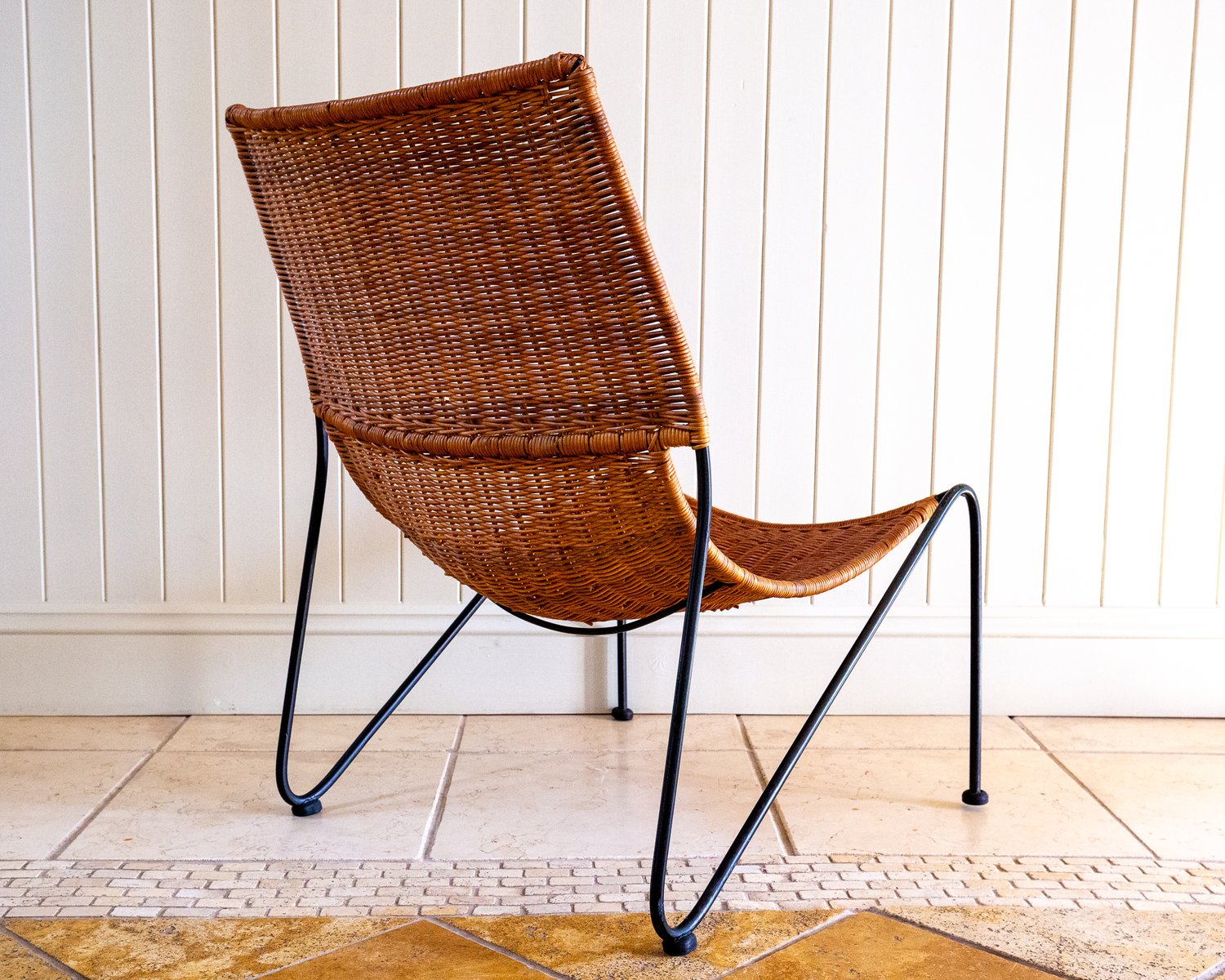 Mid-Century Bauhaus Minimalist Low Sling Lounge Chair in Wicker ...
