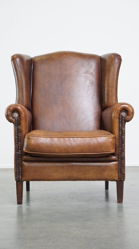 Cognac-Colored Leather Wing Chair for sale at Pamono