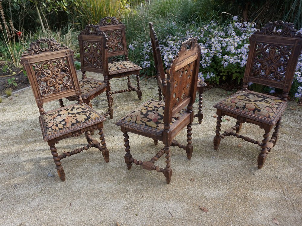 Renaissance Revival Carved Oak with Grapes Castle Dining Chairs, 19th ...