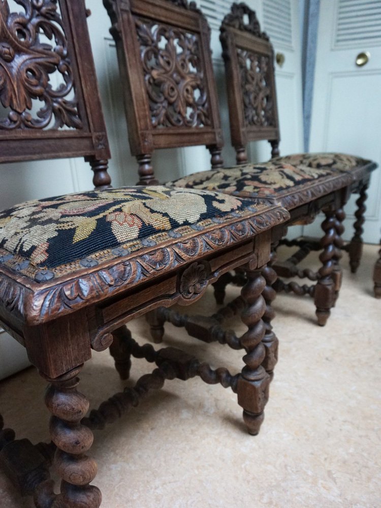 Renaissance Revival Carved Oak with Grapes Castle Dining Chairs, 19th ...