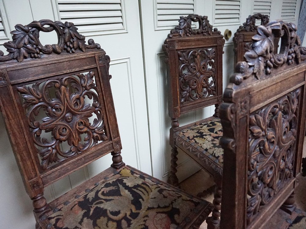 Renaissance Revival Carved Oak with Grapes Castle Dining Chairs, 19th ...