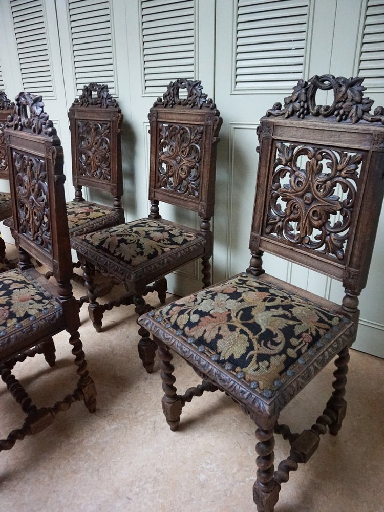 Renaissance Revival Carved Oak with Grapes Castle Dining Chairs, 19th ...