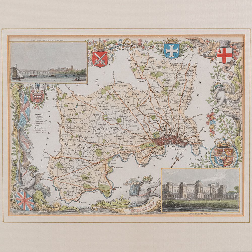 Antique County Map, Middlesex, English, Framed, Litho, Cartography ...