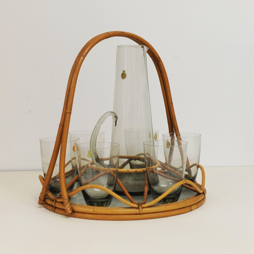 Smoke Grey Martini Glass Pitcher and 6 Glass Cups on Tray attributed to ...