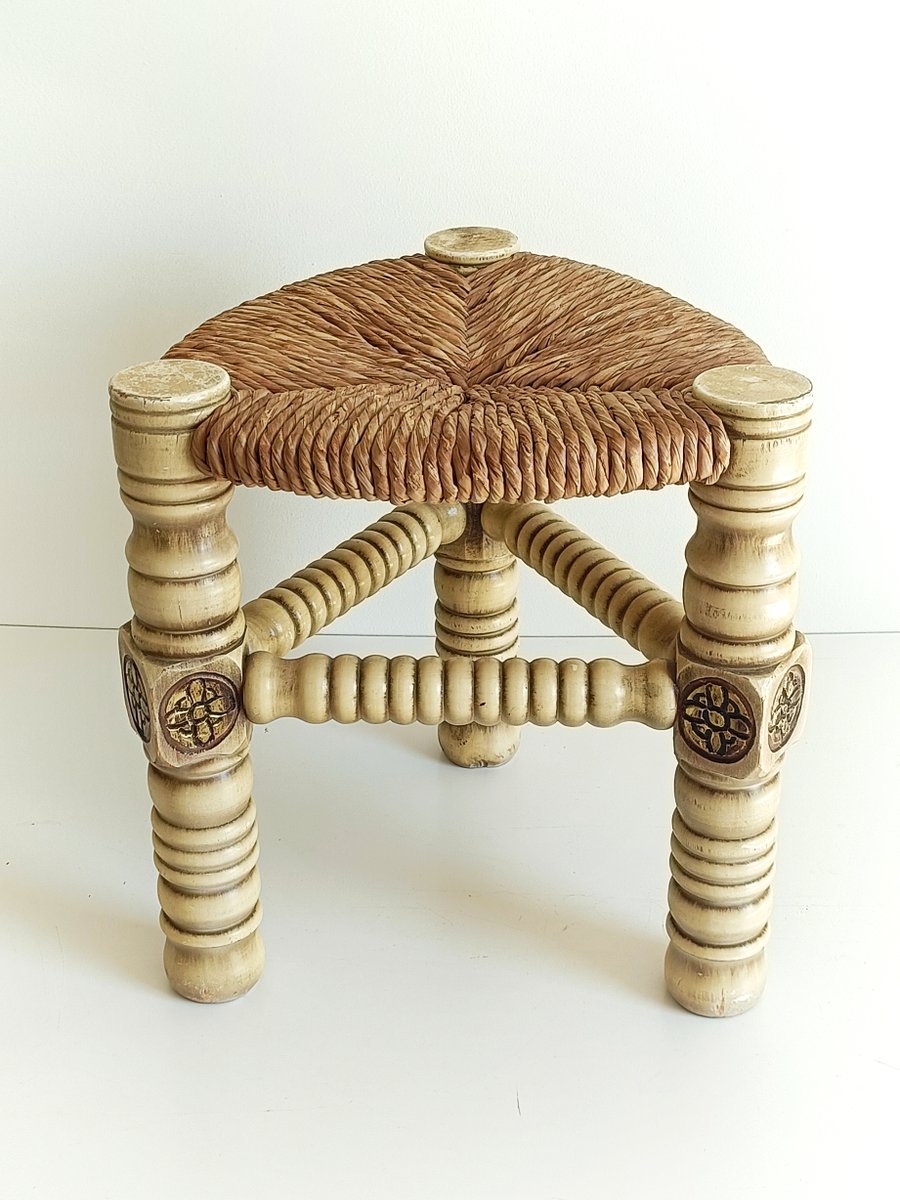 Set of Mid-Century Brutalist Stools in Wood and Natural Fiber, 1960s ...