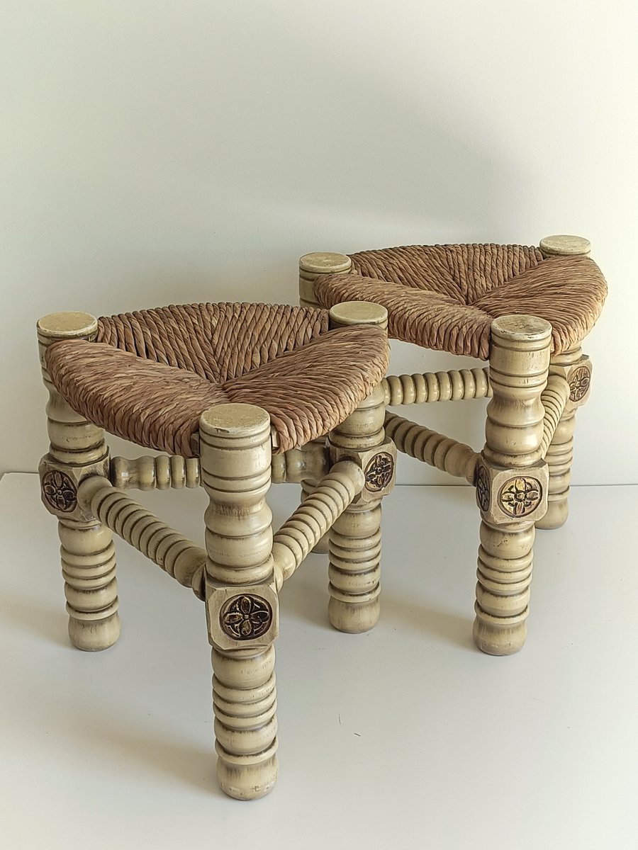 Mid-Century Brutalist Stools in Wood and Natural Fiber, 1960s, Set of 2 ...