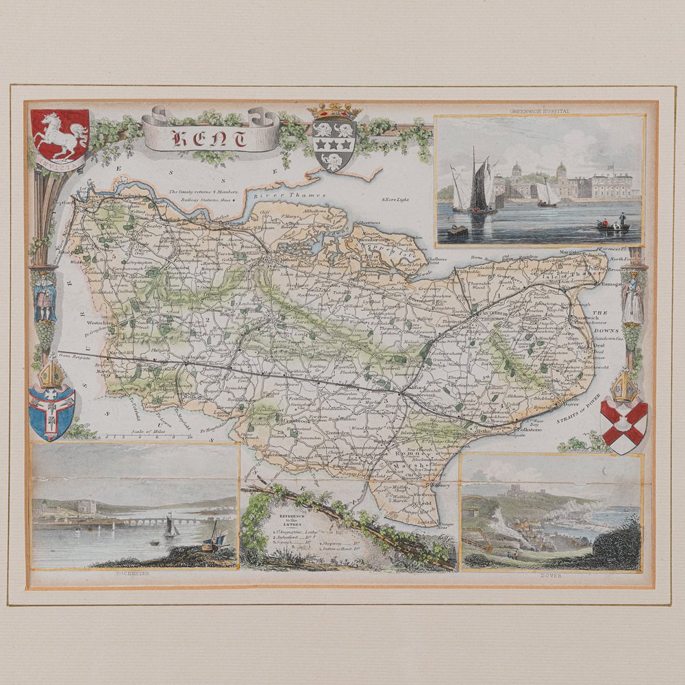 Victorian English Lithographic County Map of Kent for sale at Pamono