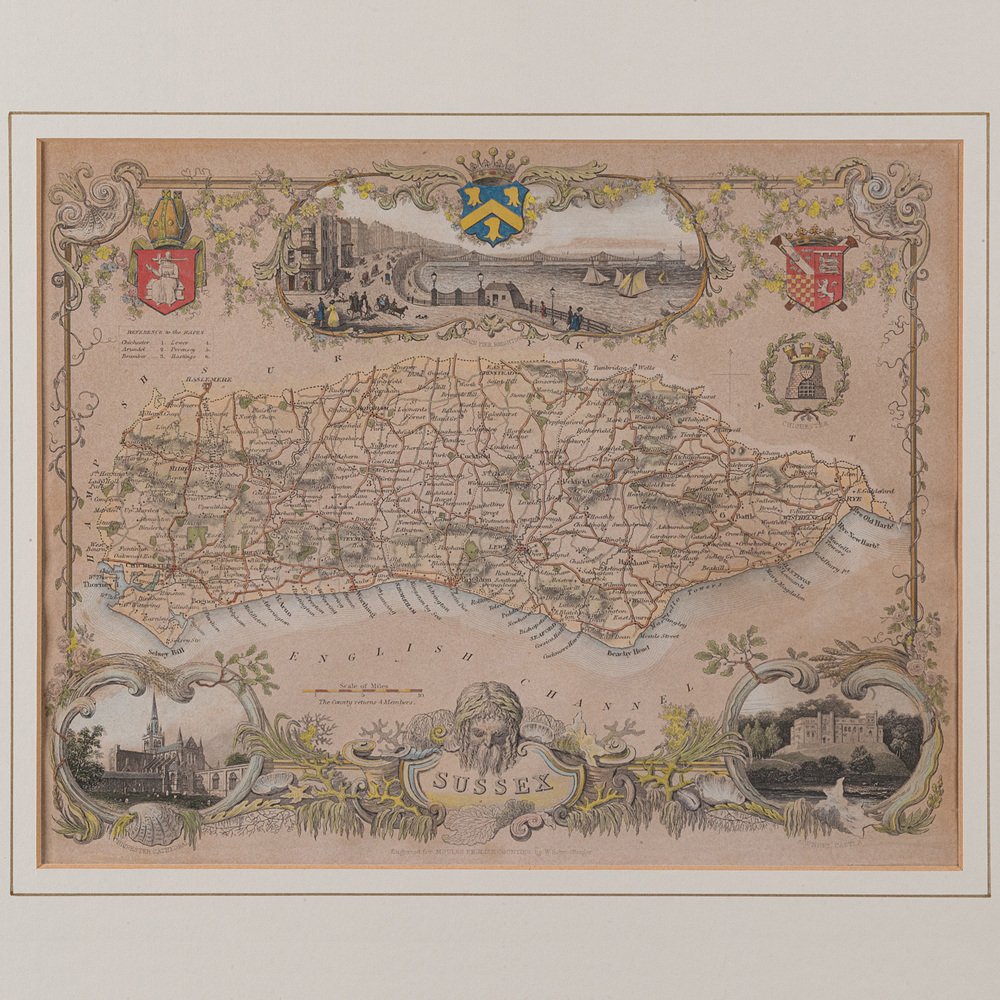 Victorian English Lithographic County Map of Sussex for sale at Pamono