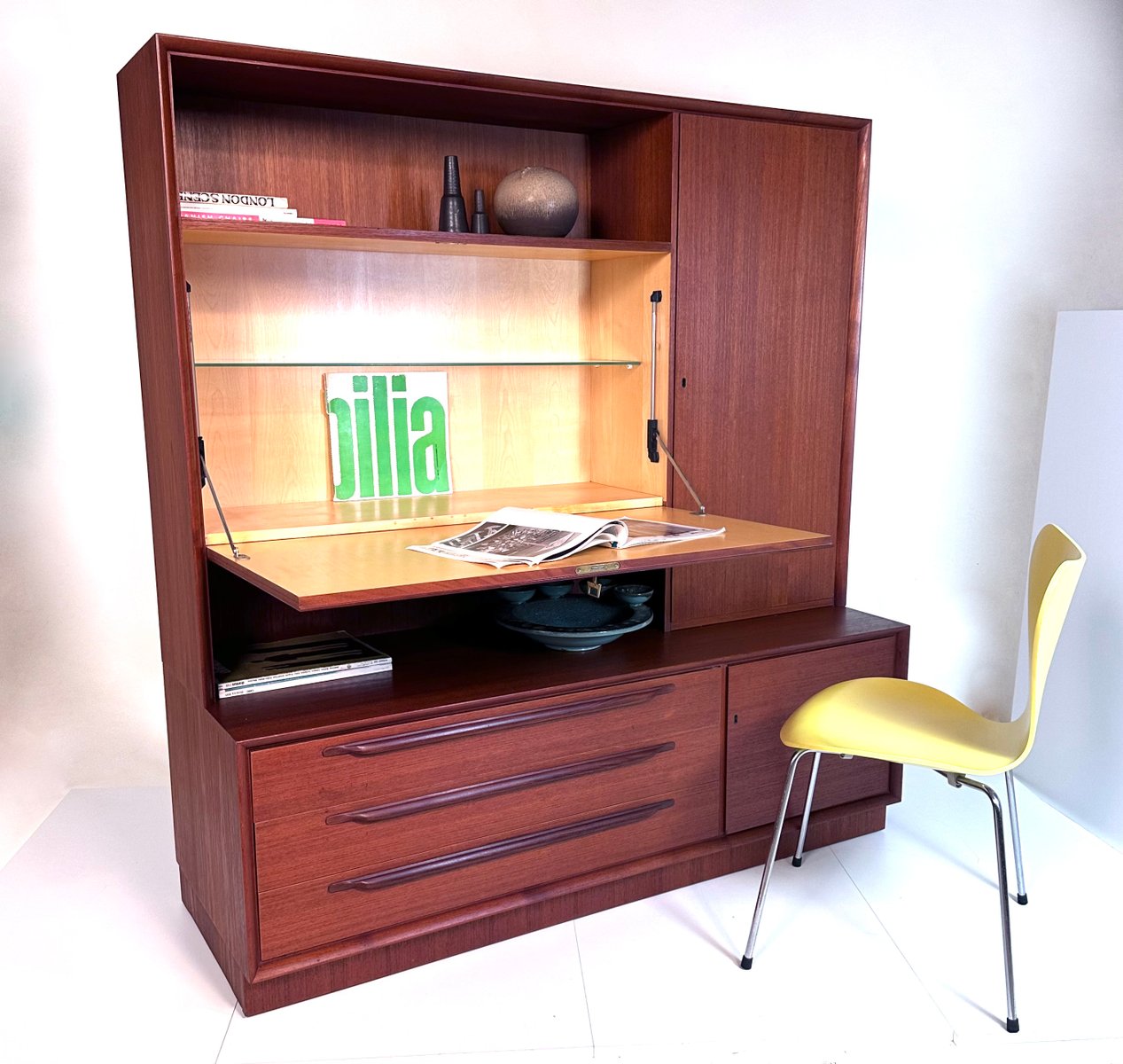 German Teak Cabinet with Bookcase and Fold-Out Writing Tablet from ...